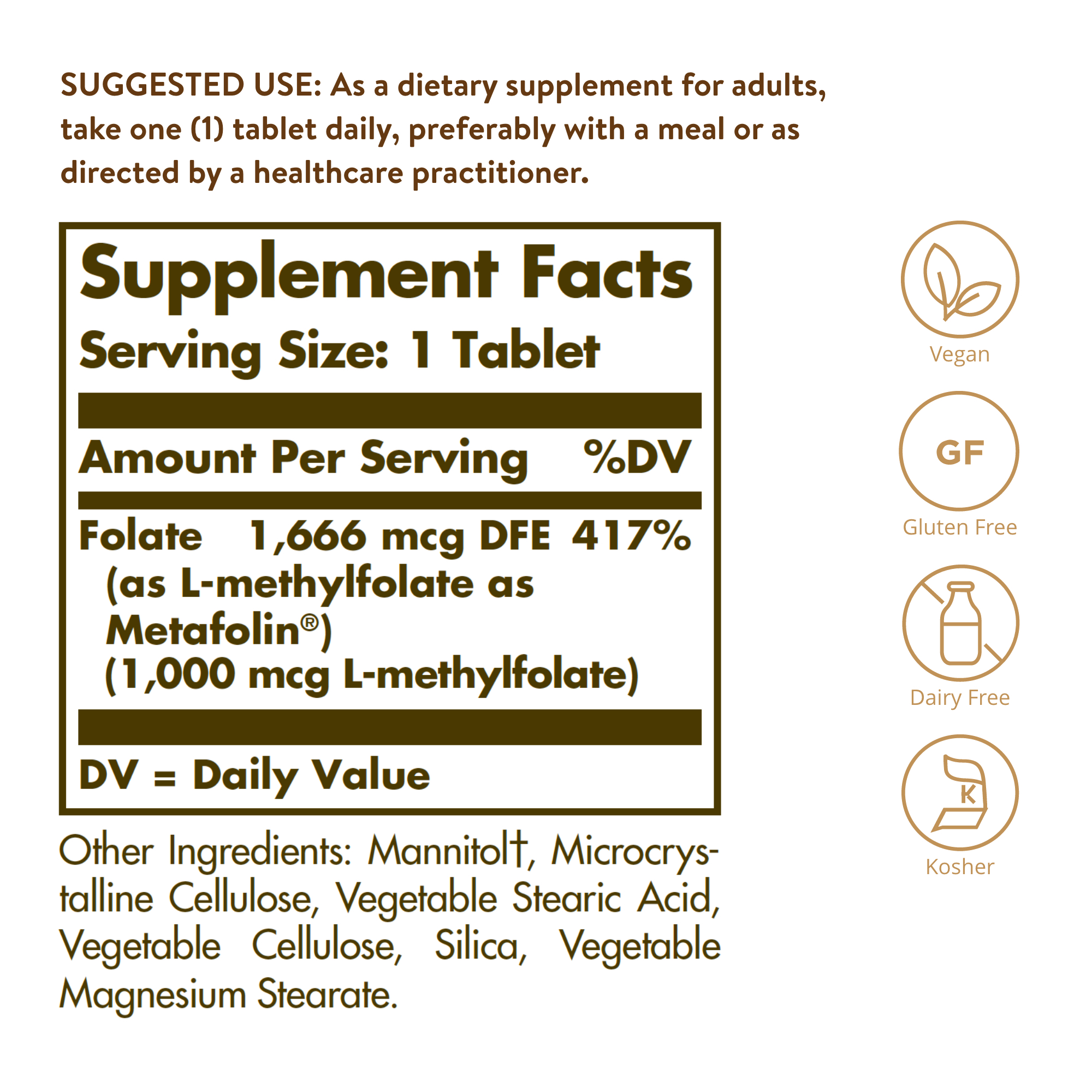 Solgar, Folate 1000 MCG (Metafolin® 1,000 MCG) Tablets 60 TAB - M and M ...